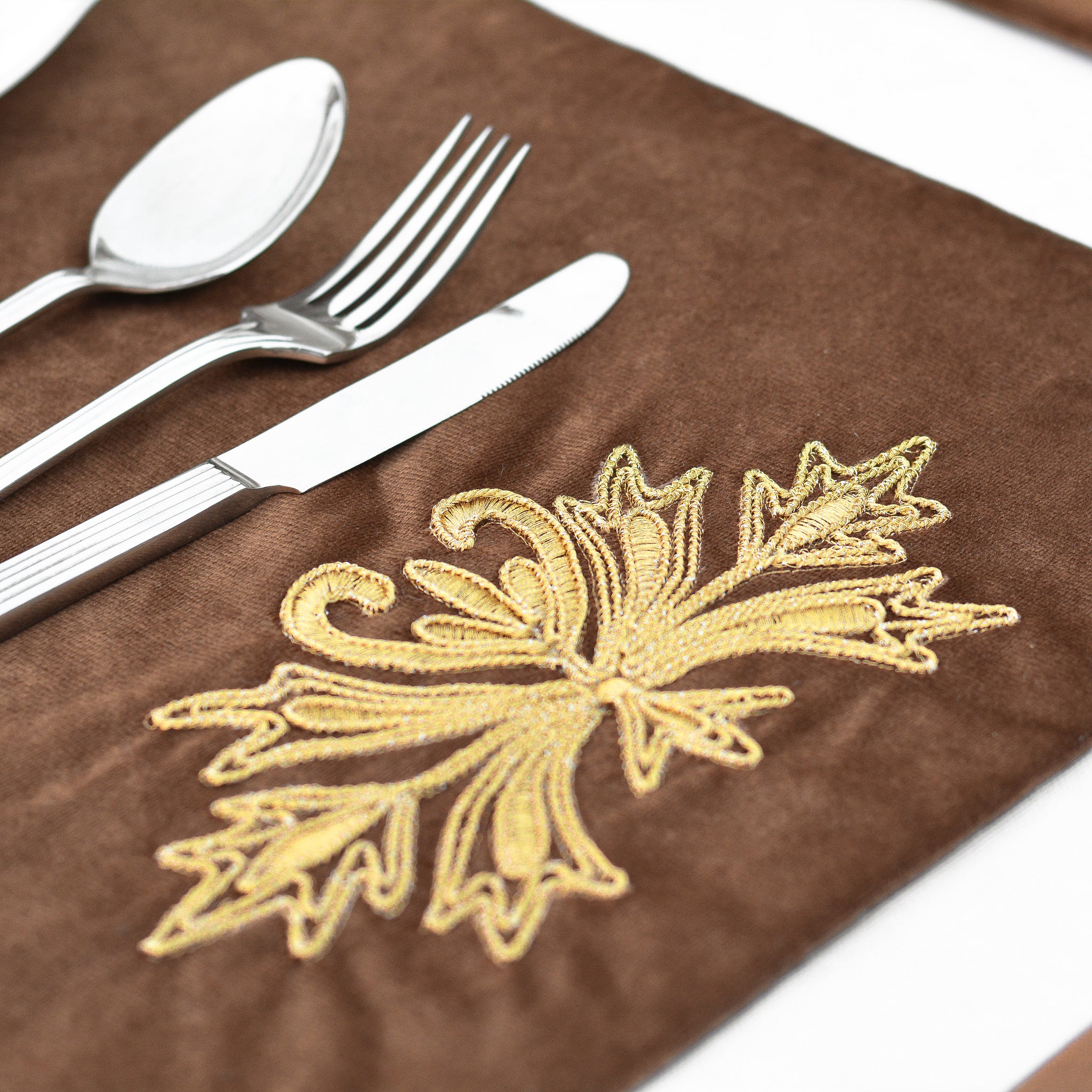 Trafford Brown Embroidered Velvet Table Set - Home Comforts