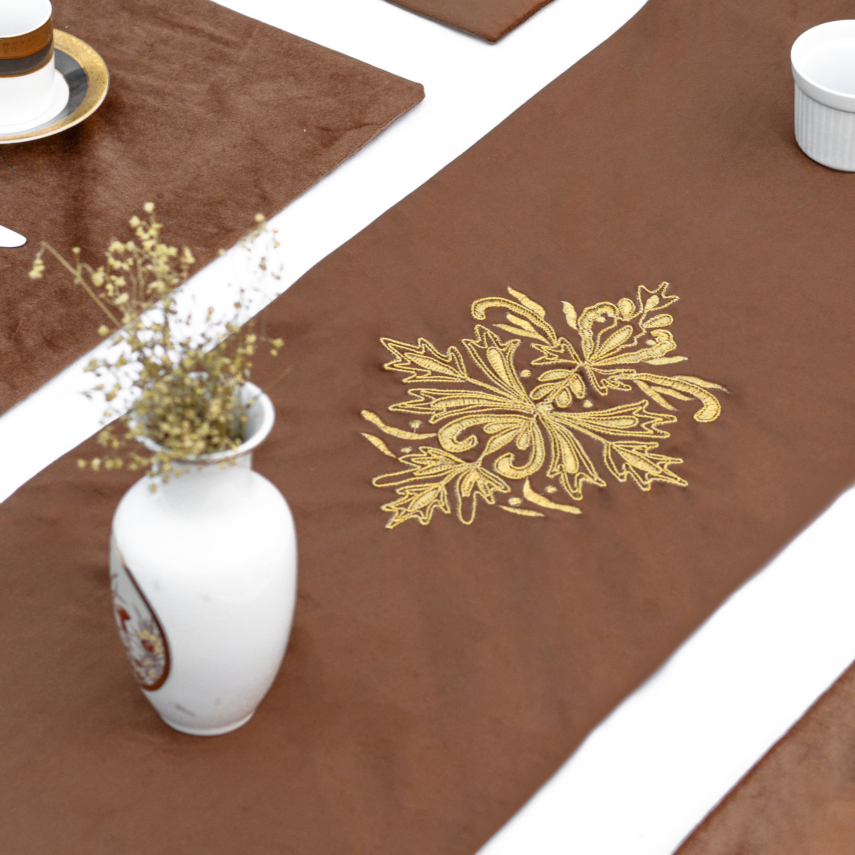 Trafford Brown Embroidered Velvet Table Set - Home Comforts